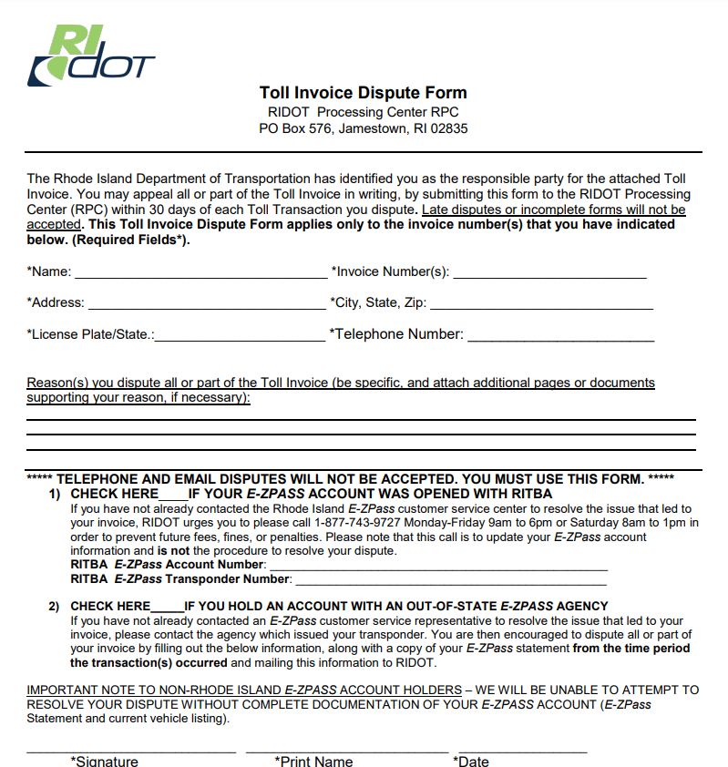 Disputing Violations from: Rhode Island DOT & RITBA